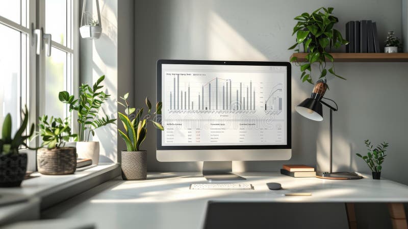 Elegant Home Office, Computer Screen with Digital Dashboard Showing ...