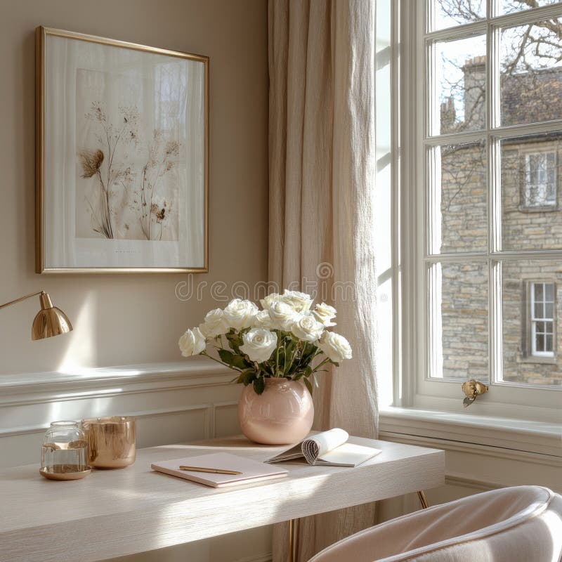 Elegant Home Office with Natural Light and White Roses by a Bright ...