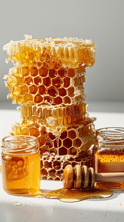Elegant Honeycomb and Honey Jars Design with Various Honey Types on ...