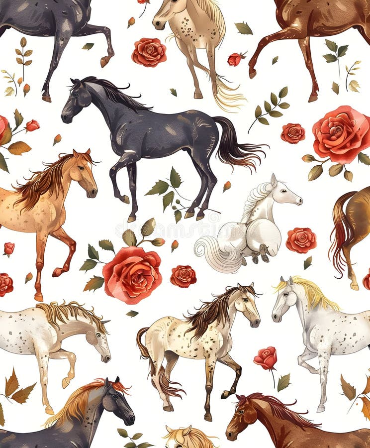 Elegant Horses with Roses in Various Poses and Patterns Generative AI ...