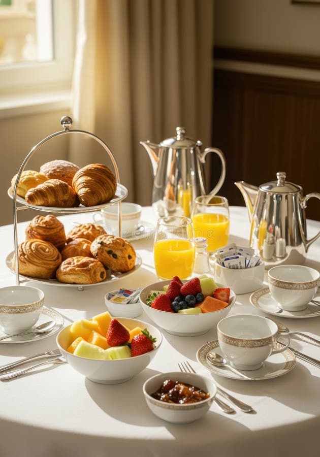 Elegant Hotel Breakfast with Pastries and Fruit Stock Photo - Image of ...