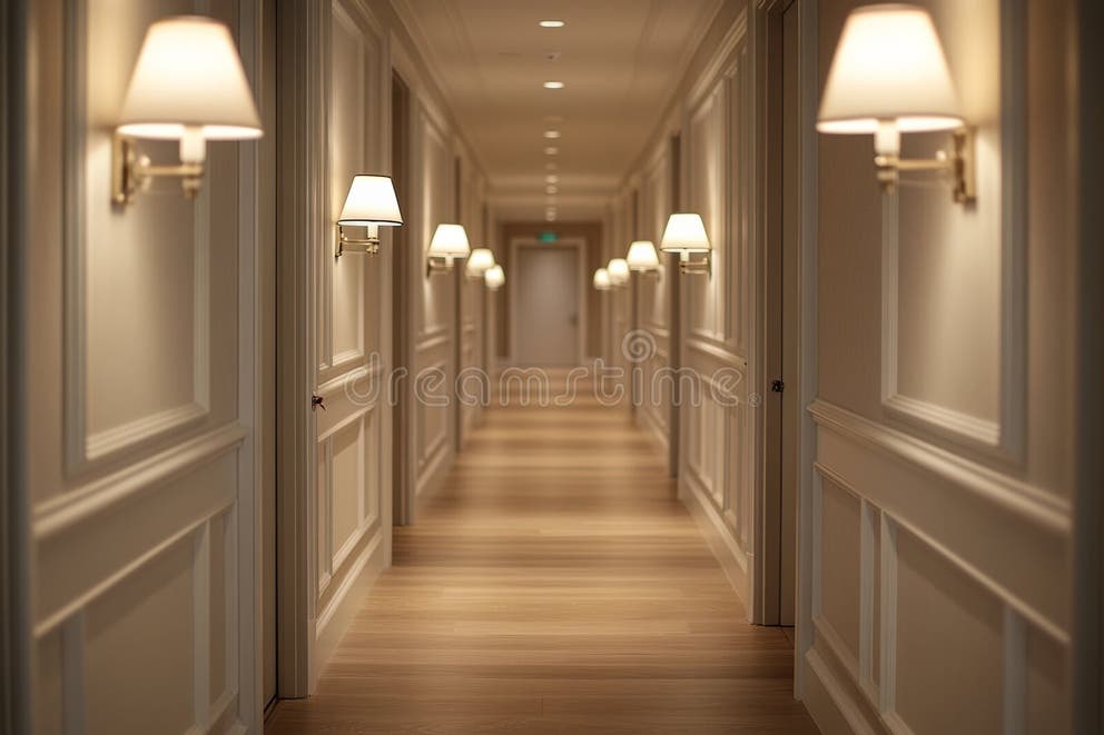 Elegant Hotel Corridor Illuminated by Soft Wall Sconces in a Modern ...