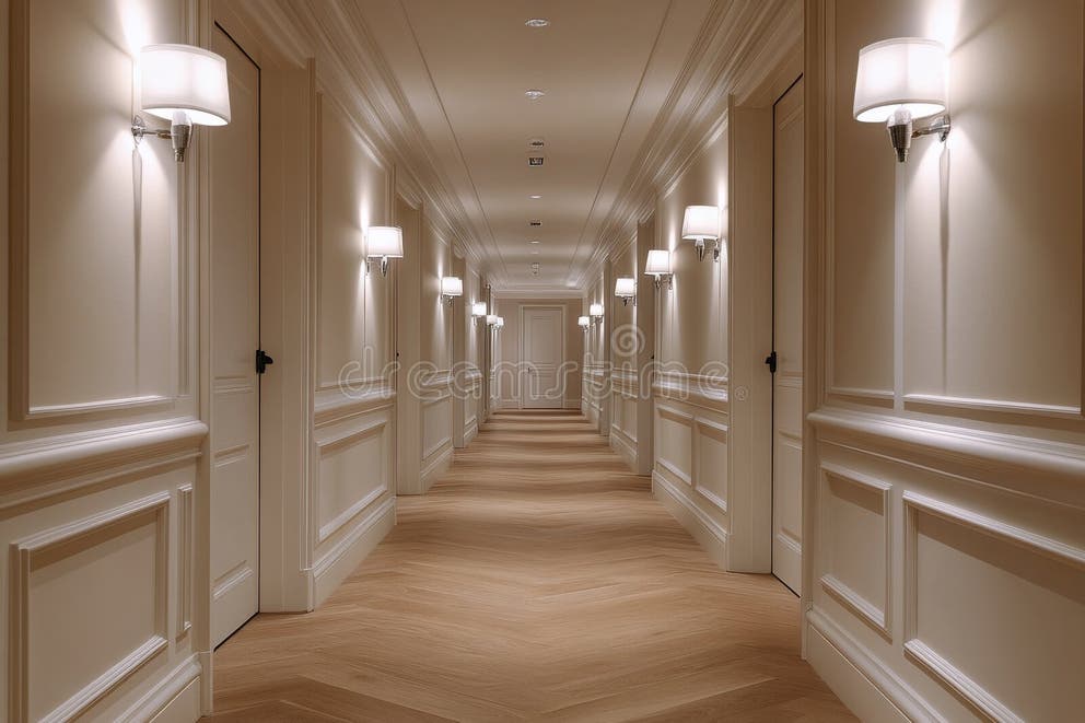 Elegant Hotel Corridor Illuminated by Soft Wall Sconces in a Modern ...
