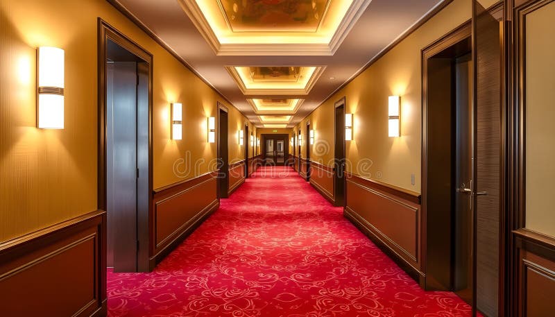 Elegant Hotel Corridor with Red Carpet and Warm Lighting Stock ...