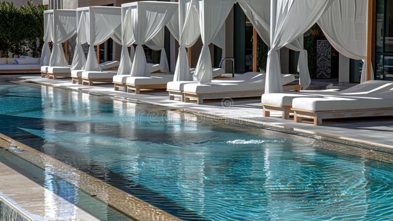 Elegant Hotel Pool Area Featuring Shaded Cabanas and Sparkling Water ...