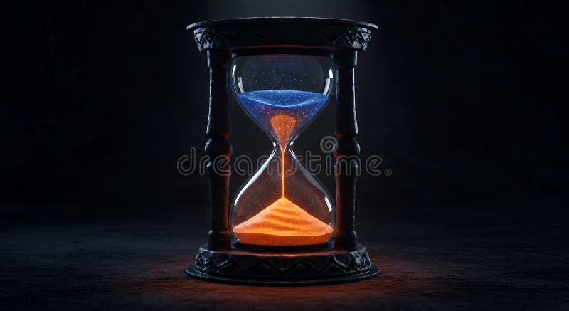 Elegant Hourglass with Flowing Blue and Orange Sand on Dark Background ...
