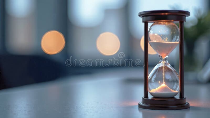 Elegant Hourglass on a Table with Blurred Background Lights Symbolizing ...