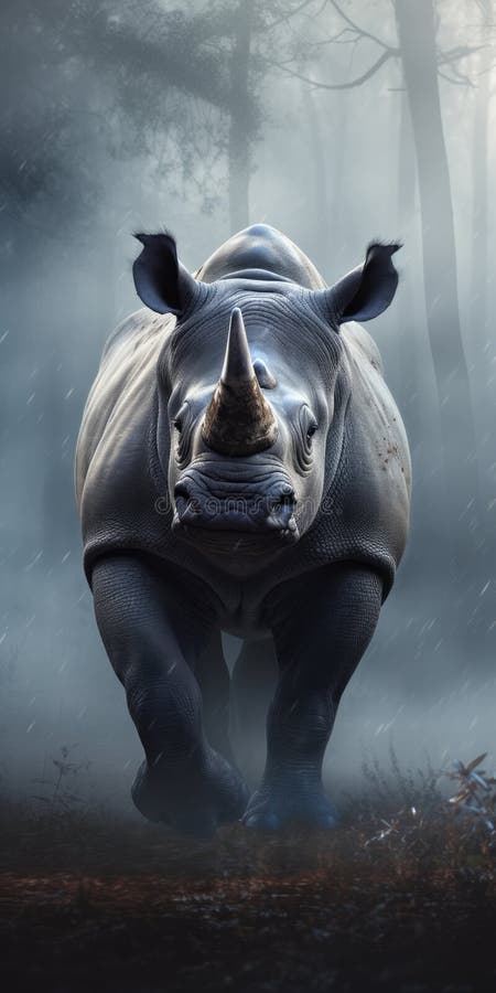 Elegant Hyper-realistic Rhino Running in Gloomy Forest Stock ...