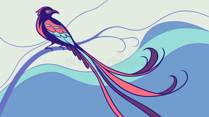 Elegant Bird with Flowing Tail and Abstract Waves, Vector Design ...