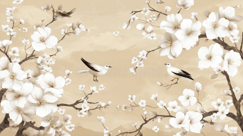 Elegant Illustration of White Flowers, Birds on Beige Background ...