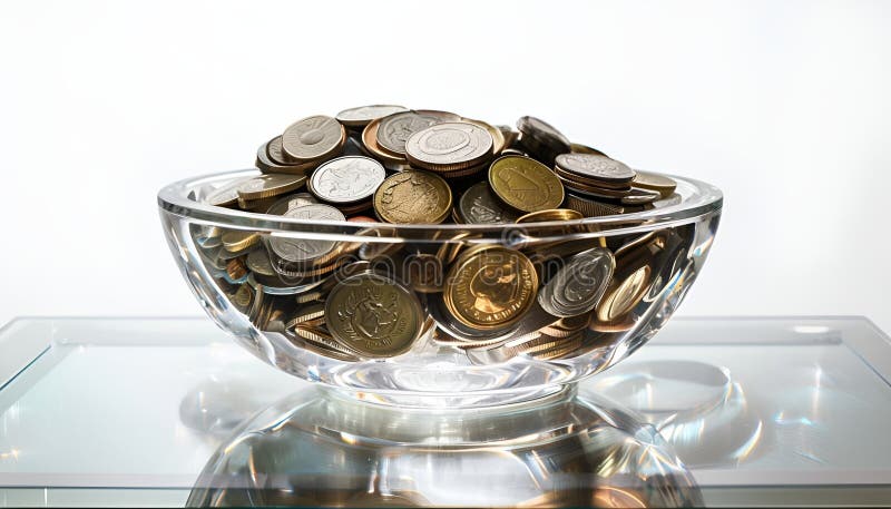 Crystal Bowl of Assorted Coins on Reflective Glass Table Stock ...