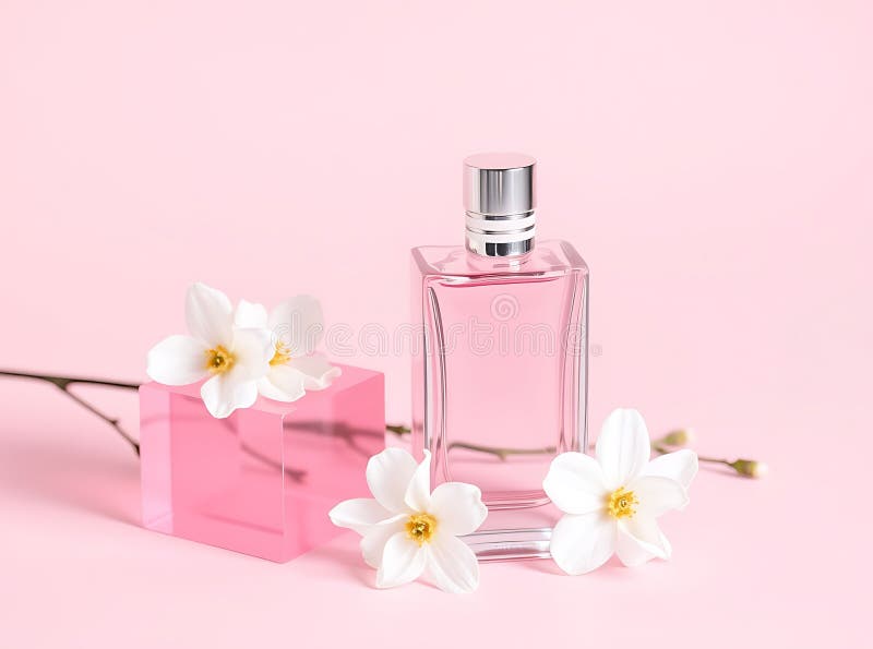 Elegant Perfume Bottle with White Flowers on Pink Background Ai ...