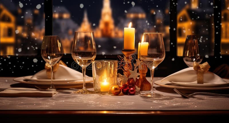 An Elegant Image of a Table in a Restaurant at Night Stock Photo ...