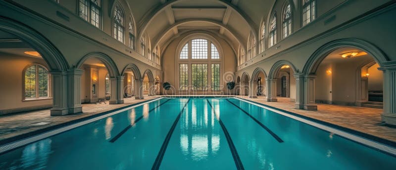 Elegant Indoor Pool with Cathedral Ceilings and Archways in a Tranquil ...