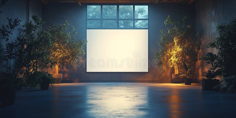 Elegant Indoor Space with Dim Lighting, Plants, and a Large Projection ...