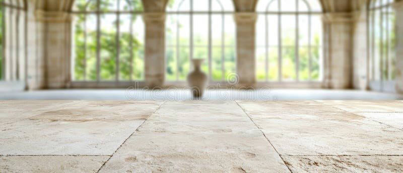 Elegant Interior with Arched Windows Overlooking Nature Stock ...