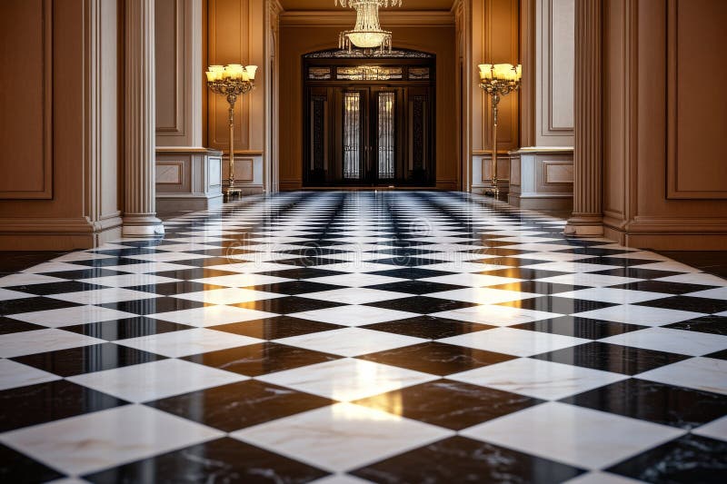 Elegant Interior with Checkerboard Floor Pattern and Warm Lighting in a ...