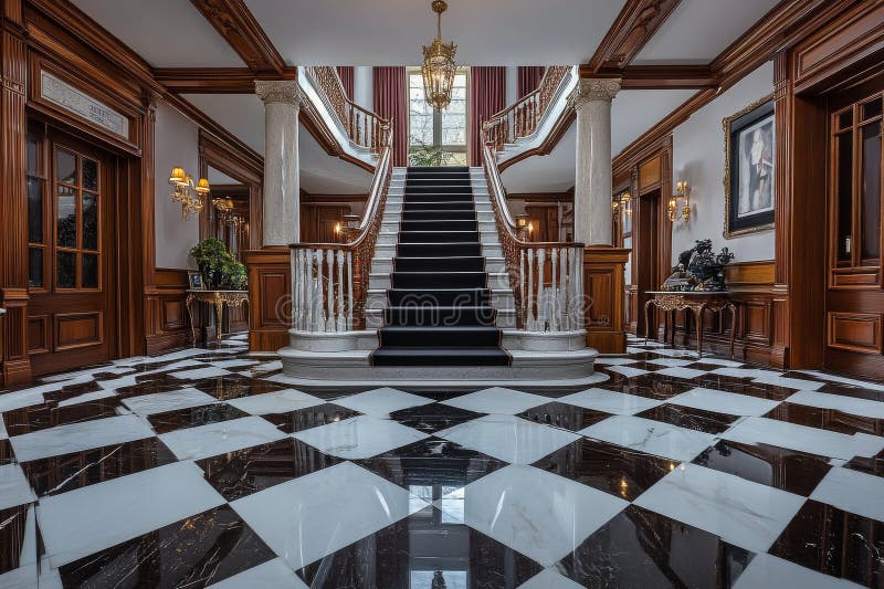Elegant Interior with Checkerboard Floor Pattern and Warm Lighting in a ...