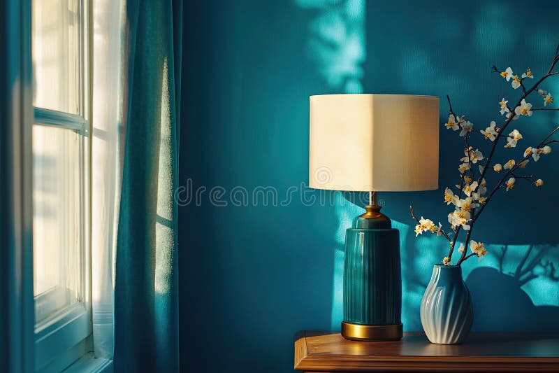 Elegant Interior Design with Blue Lamp and Flower Vase by Window Stock ...