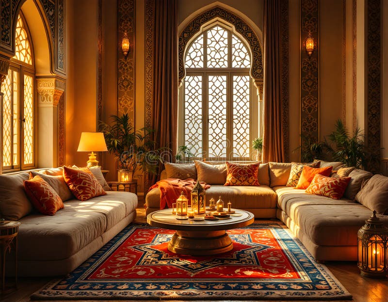 Elegant Interior Design with Patterned Windows and Warm Lighting Stock ...