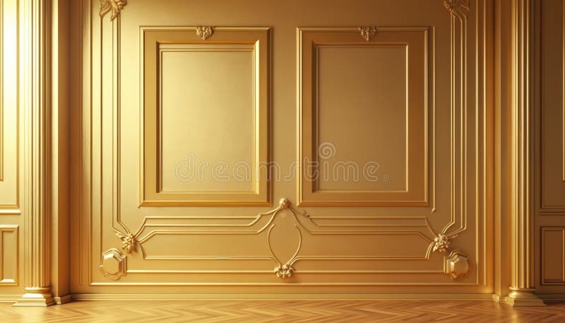 Elegant Interior Features Ornate Gold Wall Paneling with Framed Empty ...