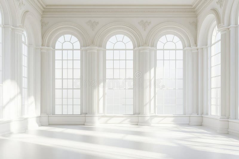 Elegant Interior with Large Arched Windows and Natural Light in a White ...