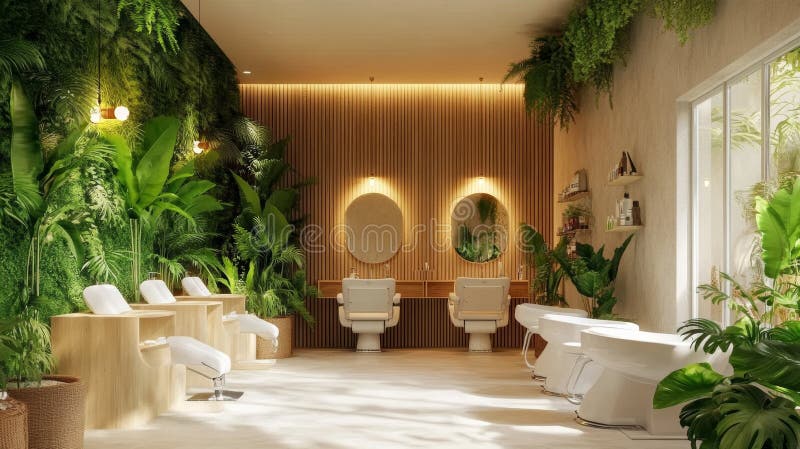 Elegant Interior of a Modern Salon with Lush Greenery and Serene ...