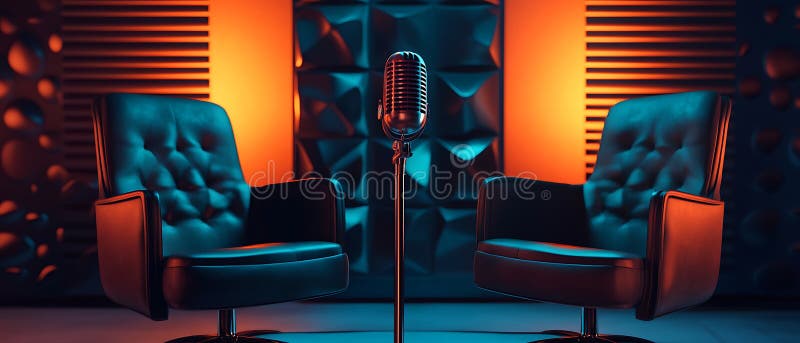 Elegant Interview Setup with Classic Microphone, Leather Chairs, and ...