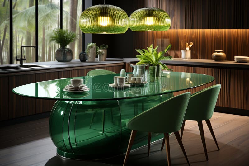 Elegant and Inviting Modern Kitchen with a Striking Green Central Table ...