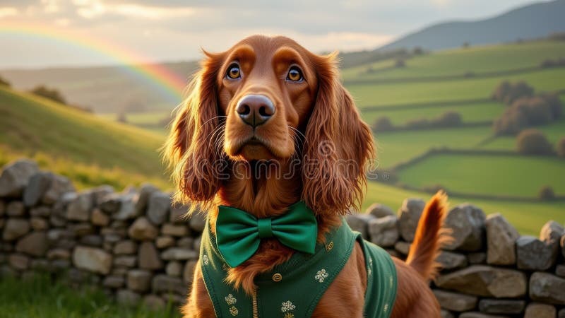 Elegant Irish Setter in Green Bowtie with Rainbow Over Rolling Hills ...