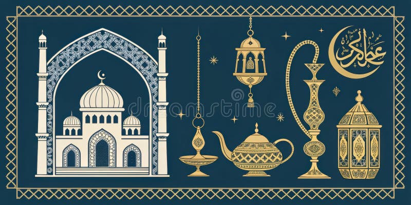 Elegant Islamic Art: Mosque and Arabic Lantern Illustrations with ...