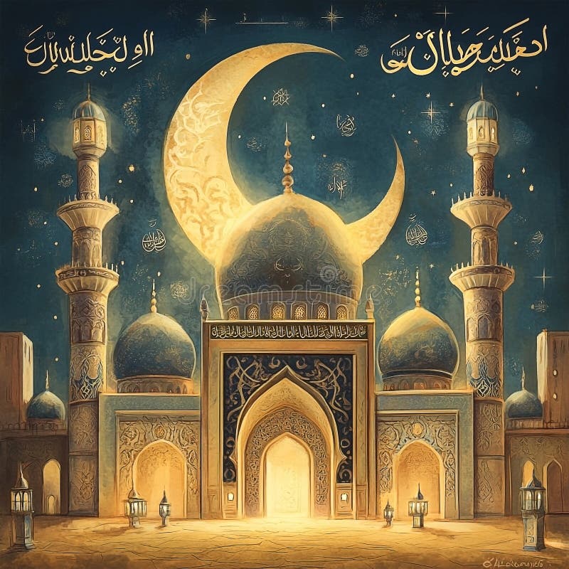 Elegant Islamic Illustration of a Mosque with Crescent Moon and Arabic ...