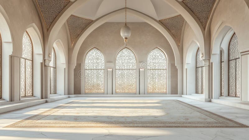Elegant Islamic Prayer Room with Arched Windows and Ornate Ceiling ...