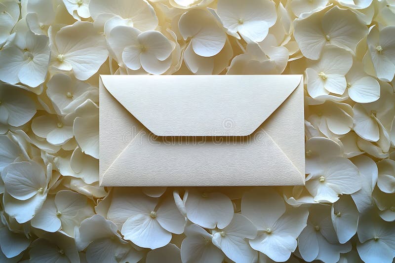 Elegant Ivory Envelope on Soft White Hydrangea Petals for Wedding ...