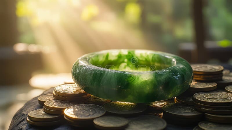 Elegant Jade Bangle Rests Gracefully on a Stack of Coins in Soft Light ...