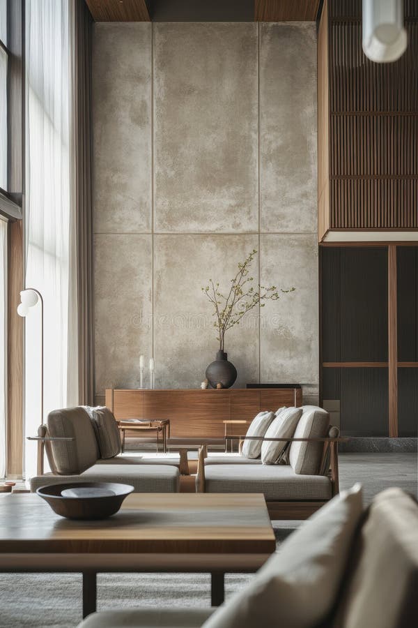 Elegant Japandi Living Space with Natural Elements Stock Illustration ...