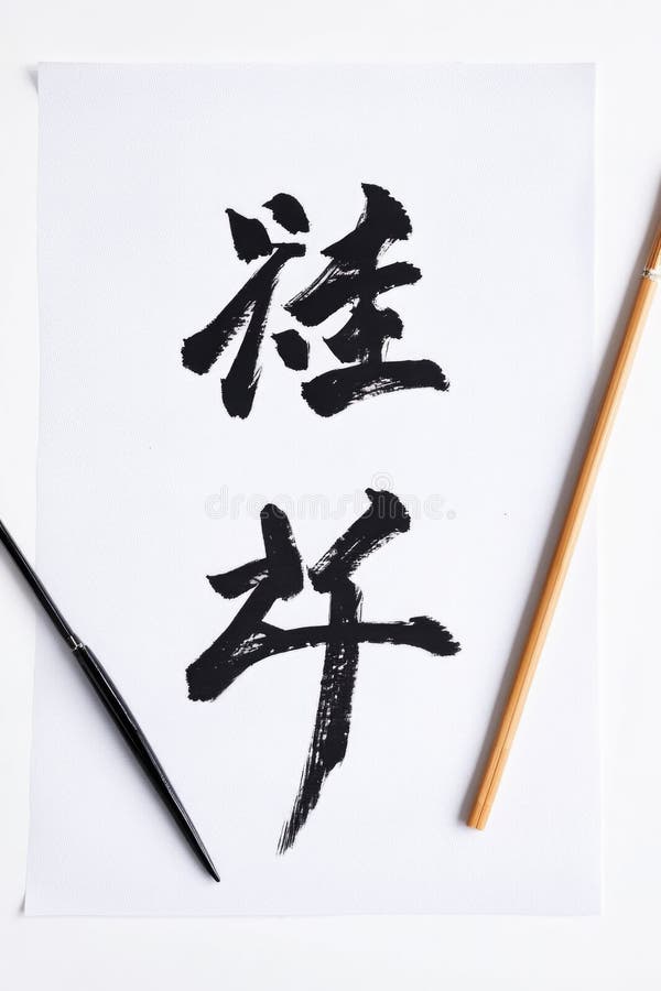 Elegant Japanese Calligraphy Art with Brushes on White Canvas Stock ...