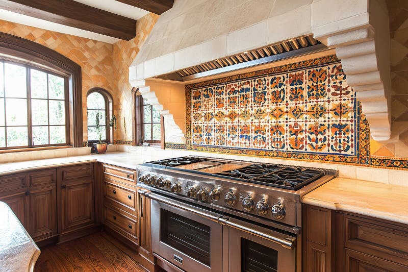 Elegant Kitchen with Colorful Patterned Tiles Backsplash and Wooden ...