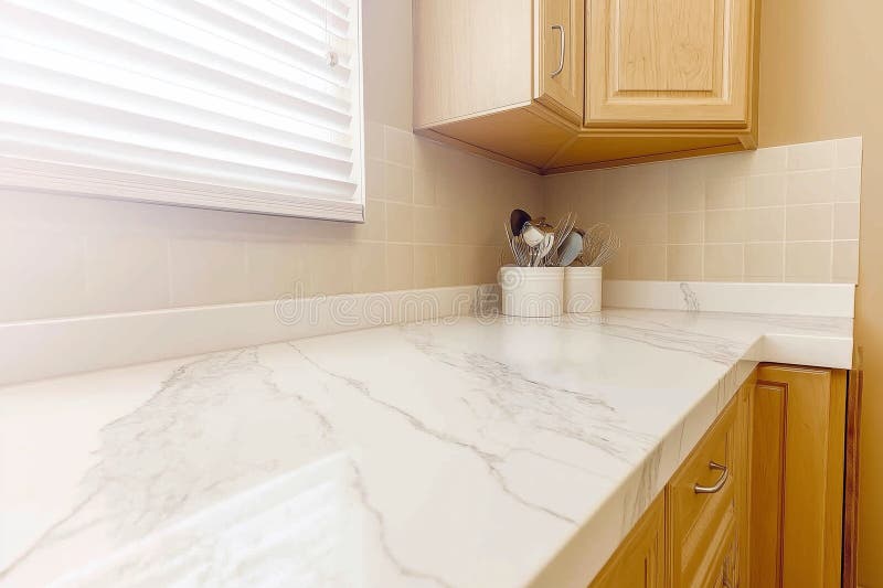 Elegant Kitchen Countertop Featuring Glossy White Marble with Subtle ...