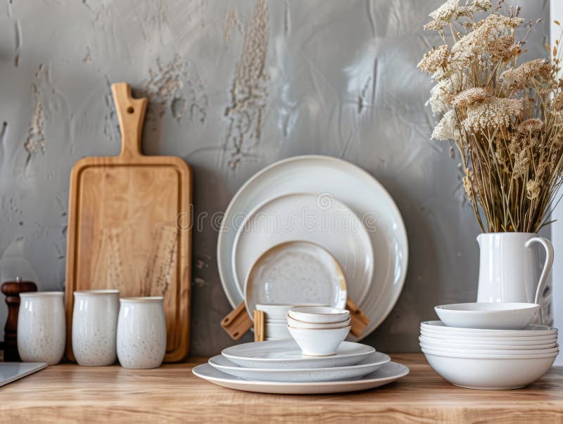 Elegant Kitchen Countertop with Plates and Storage Jars. Stock Image ...