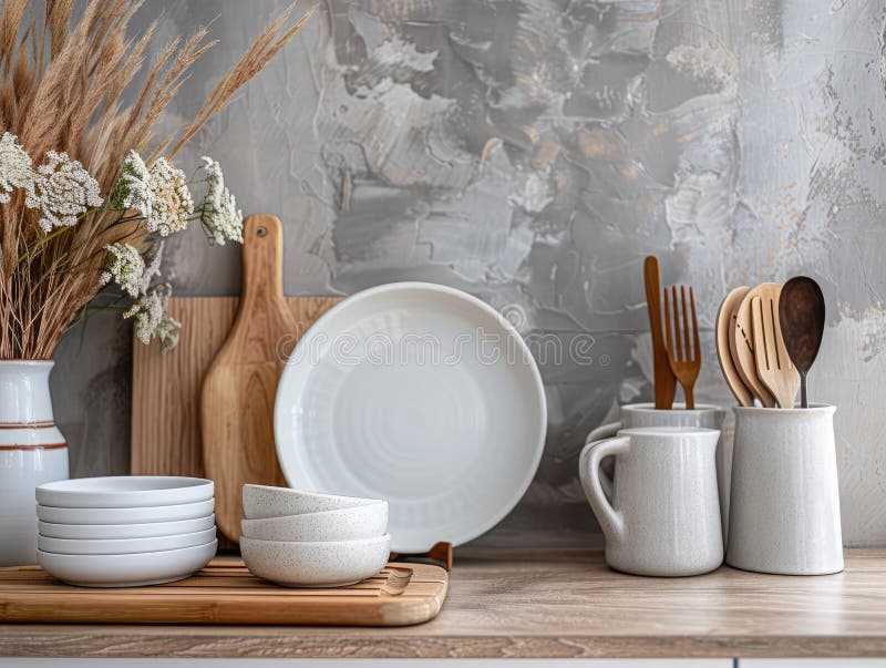 Elegant Kitchen Countertop with Plates and Storage Jars. Stock Photo ...
