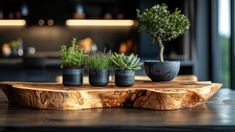 Elegant Kitchen Decor with Potted Plants on Rustic Wooden Slab in ...