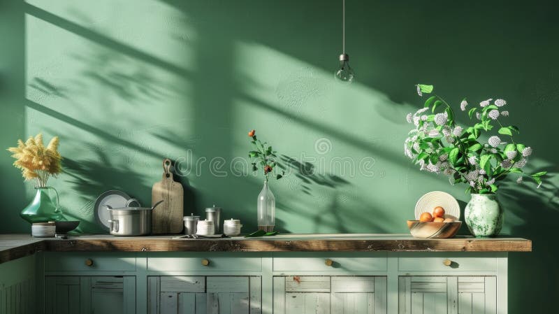 An Elegant Kitchen Environment with Green Walls, Ador Stock ...