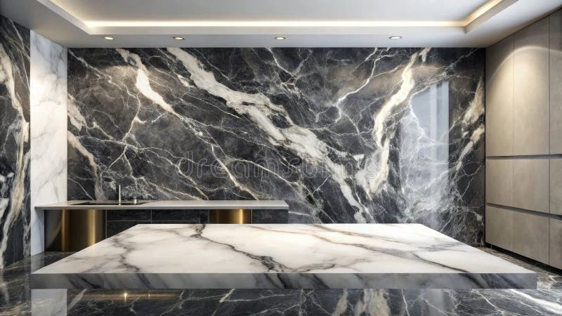 Elegant Kitchen Island Display with Dark Marble Backsplash. Generative ...