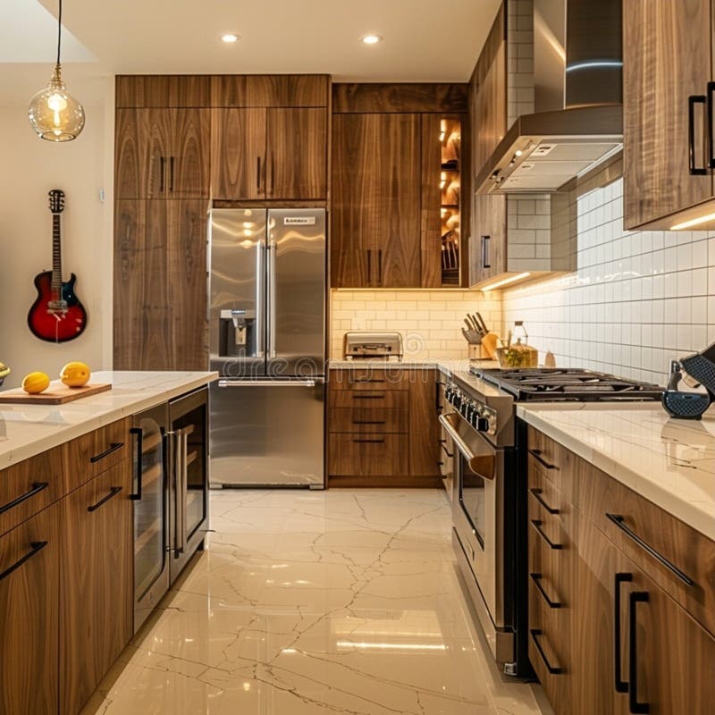 Elegant Kitchen with a Vintage Guitar Centerpiece Stock Illustration ...