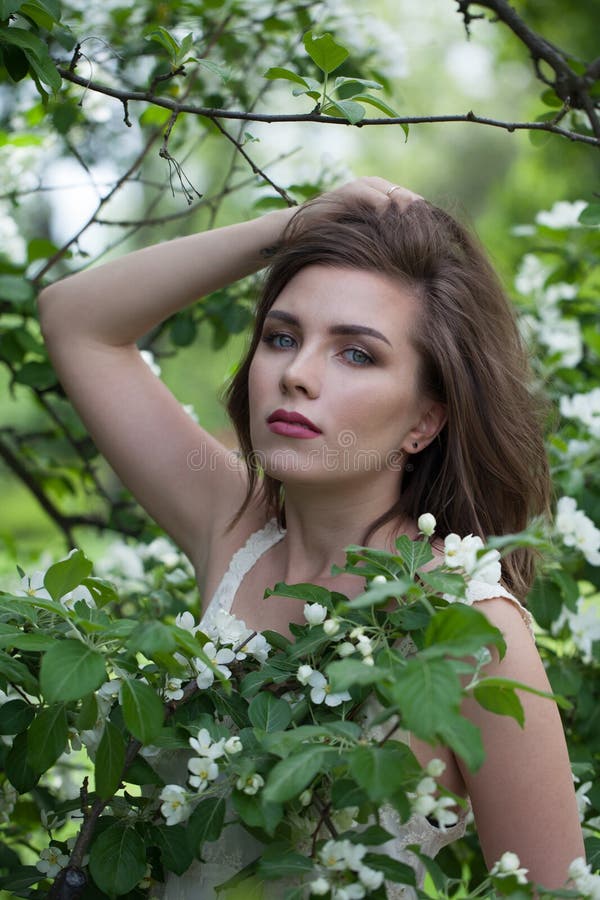 Elegant Lady Female Model in Spring Leaves Background Stock Photo ...