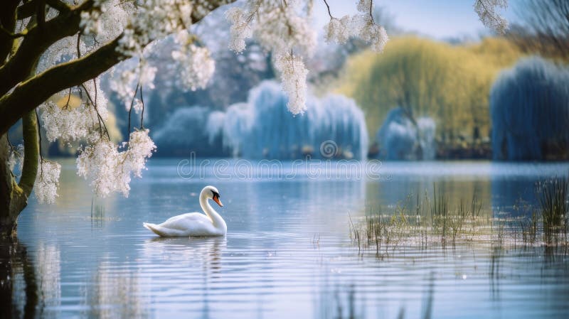 Elegant Lake Landscape with Swan and Willow Trees Stock Illustration ...