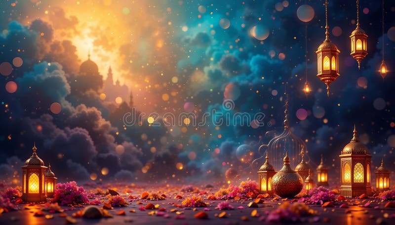 Elegant Lanterns and Moonlit Mosque for Ramadan and Eid Stock Illustration - Illustration of ...