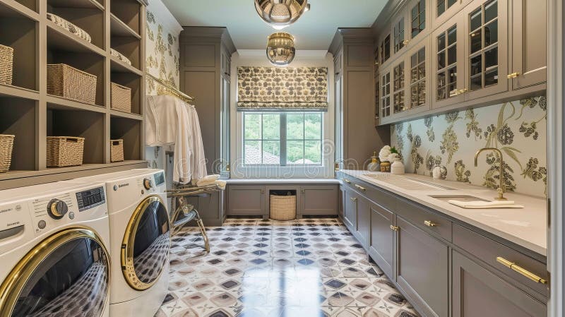 Elegant Laundry Room with Grey Cabinets and Patterned Flooring Stock ...