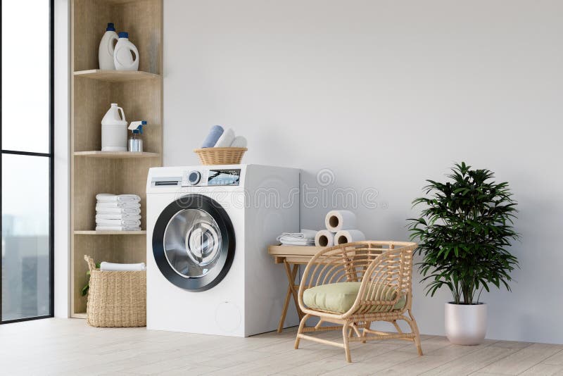 Elegant Laundry Space Featuring a Modern Washing Machine and Natural ...